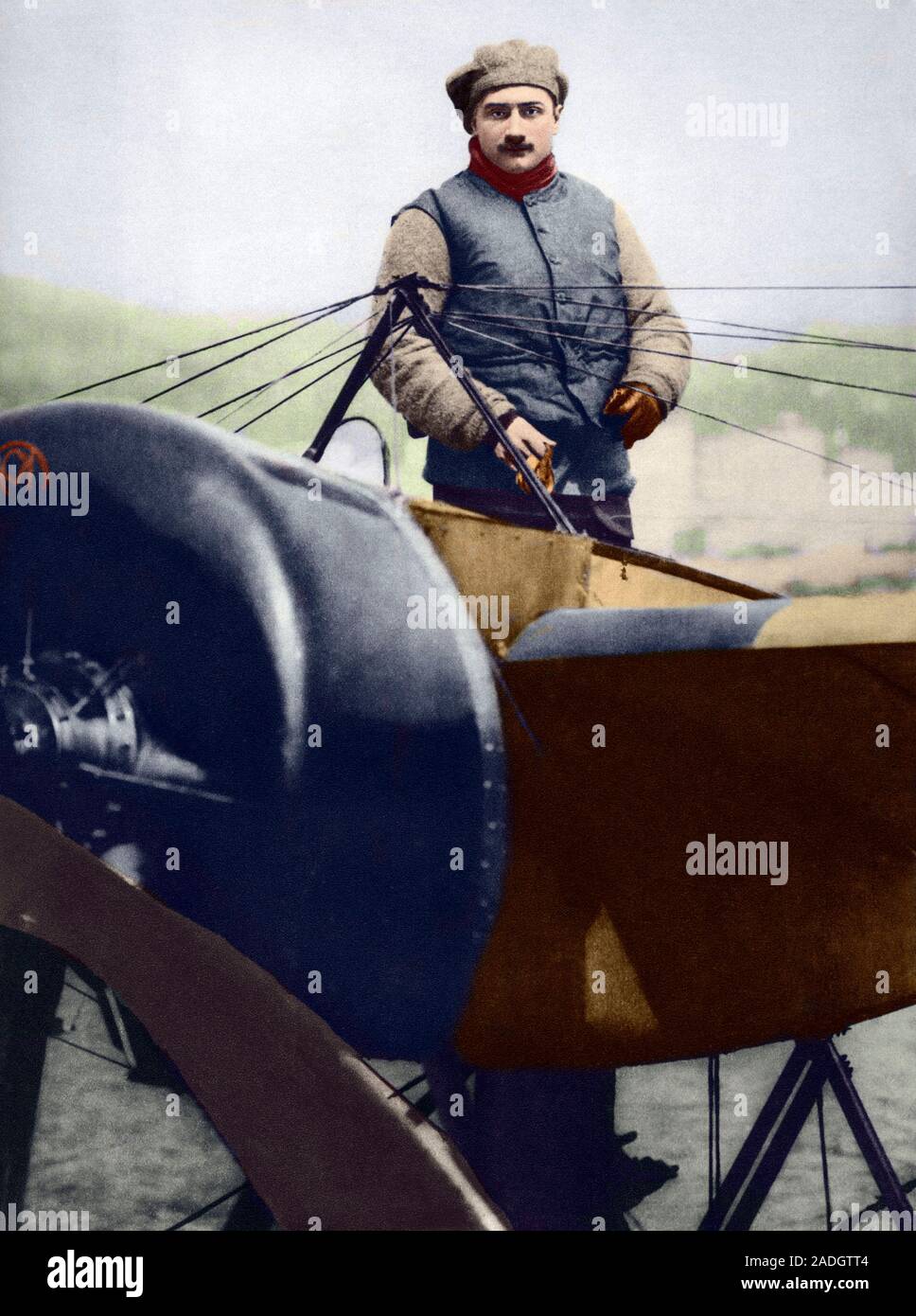 Roland Garros (1888-1918), French aviator, standing in an aircraft ...