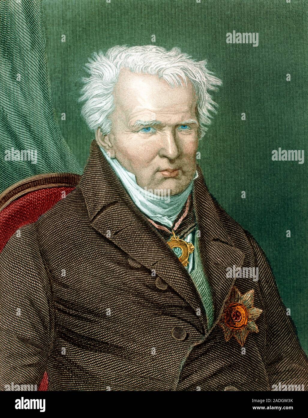Alexander von Humboldt. Coloured portrait of the German explorer, Baron ...