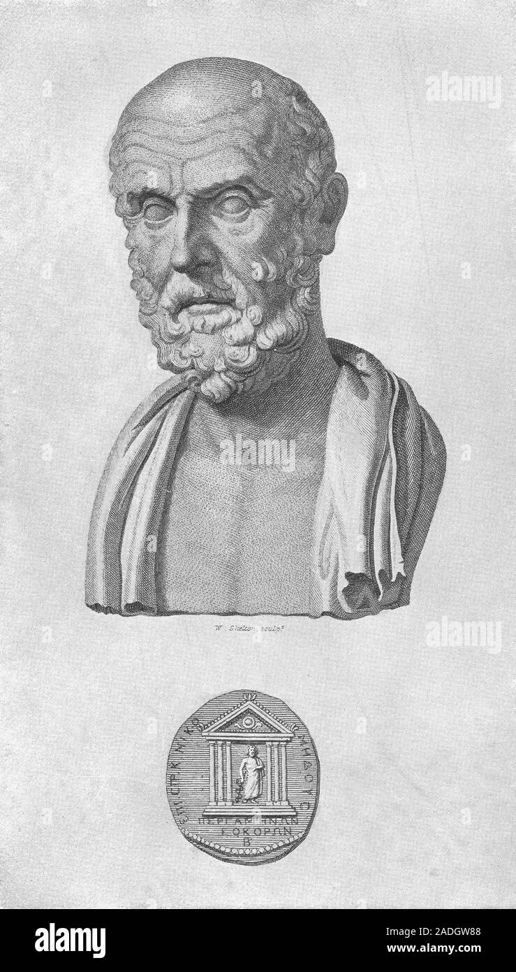 Hippocrates (c. 460-370 BC), engraving of a marble bust of the Greek ...