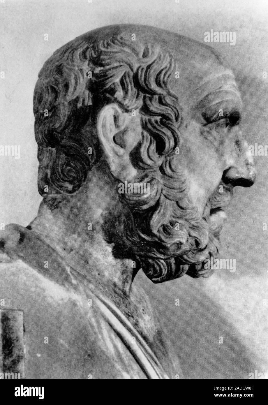 Hippocrates (c460-370 BC). Head of a statue of the Ancient Greek doctor ...