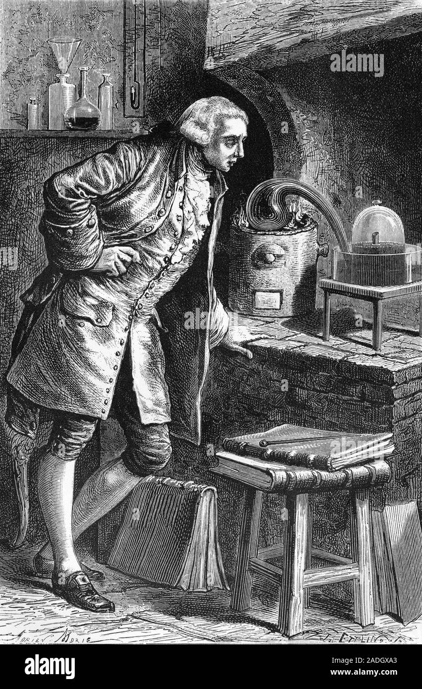 Antoine Laurent Lavoisier (1743-1794), French chemist, analysing ...