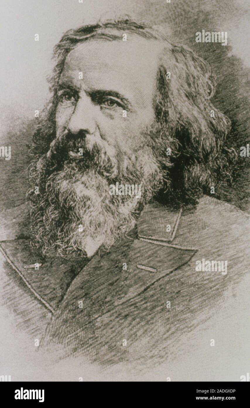 Engraving of Dmitri Ivanovich Mendeleev (1834- 1907), Russian chemist ...