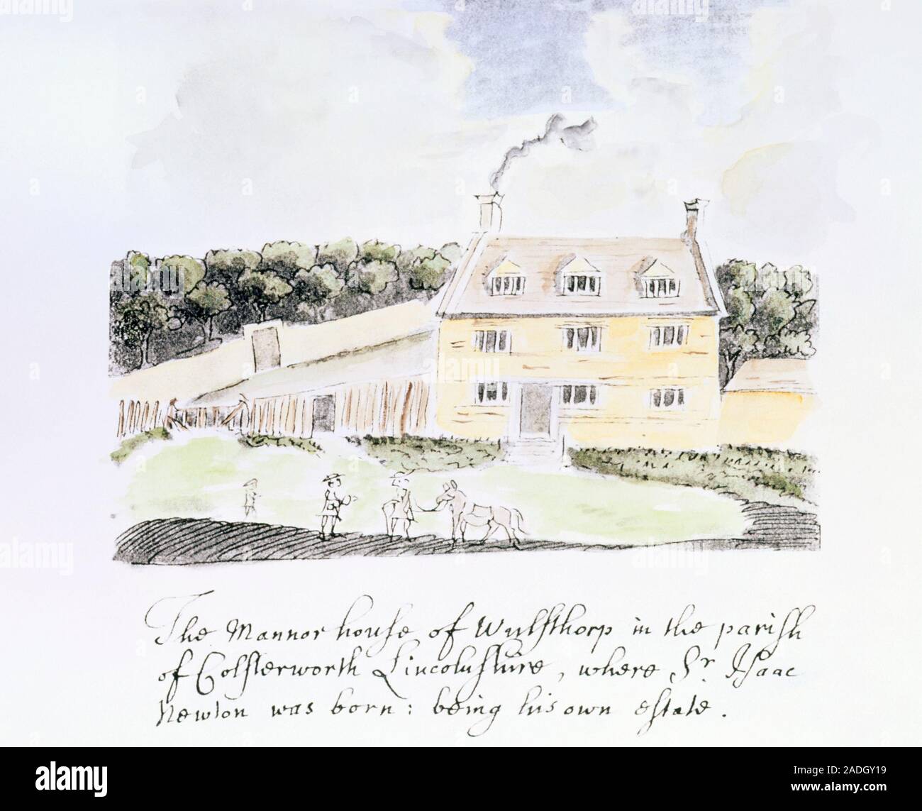 Newton's birthplace. Artwork of Isaac Newton's birthplace, Woolsthorpe ...