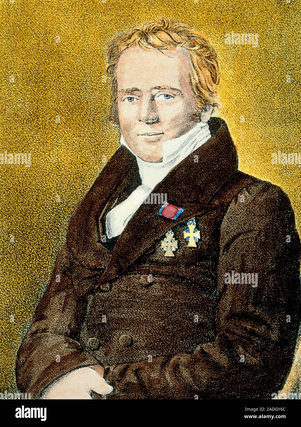 Hans Christian Oersted. Coloured portrait of the Danish physicist Hans ...