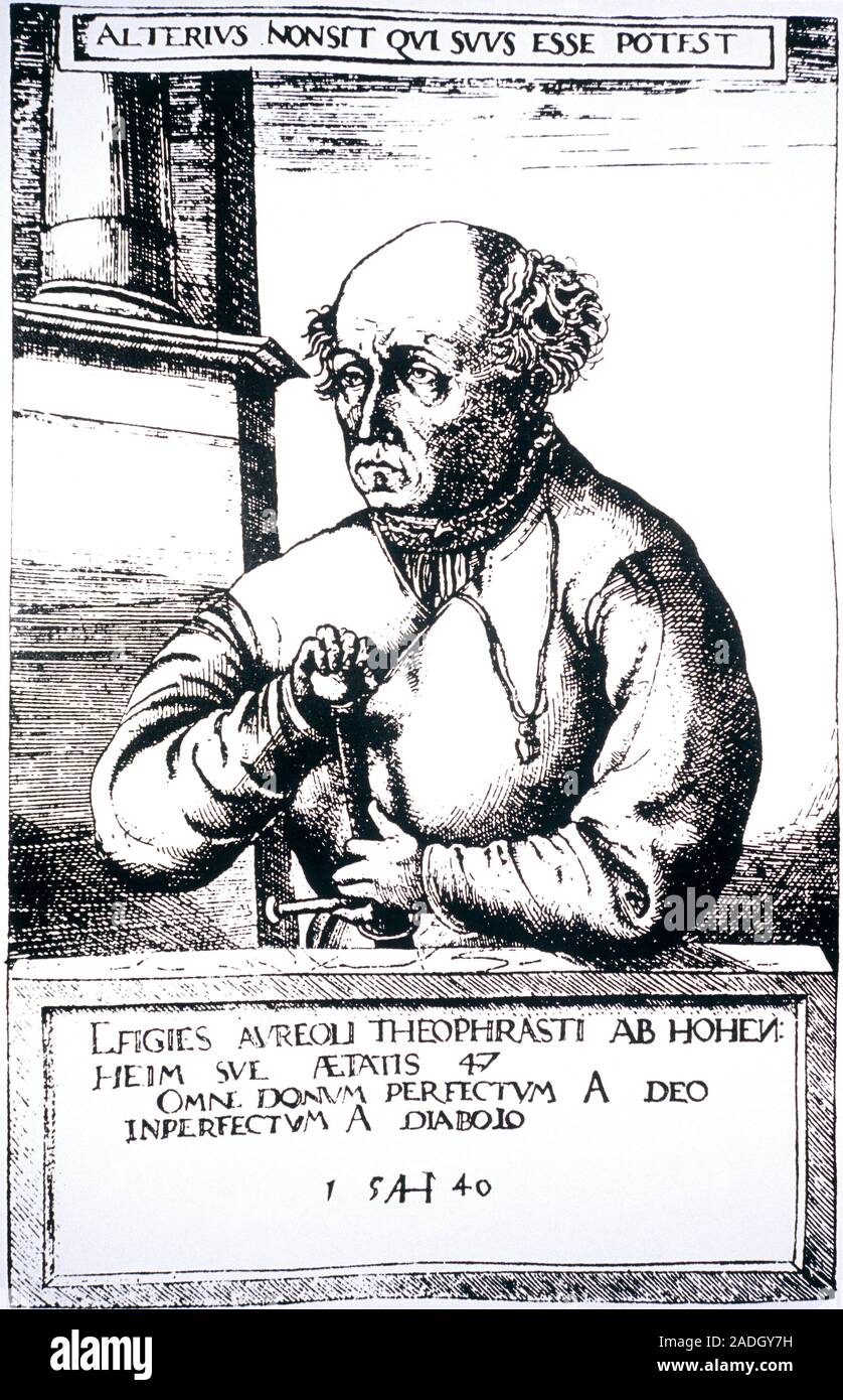 Woodcut of the 16th century Swiss physician & alchemist, Theophrastus ...