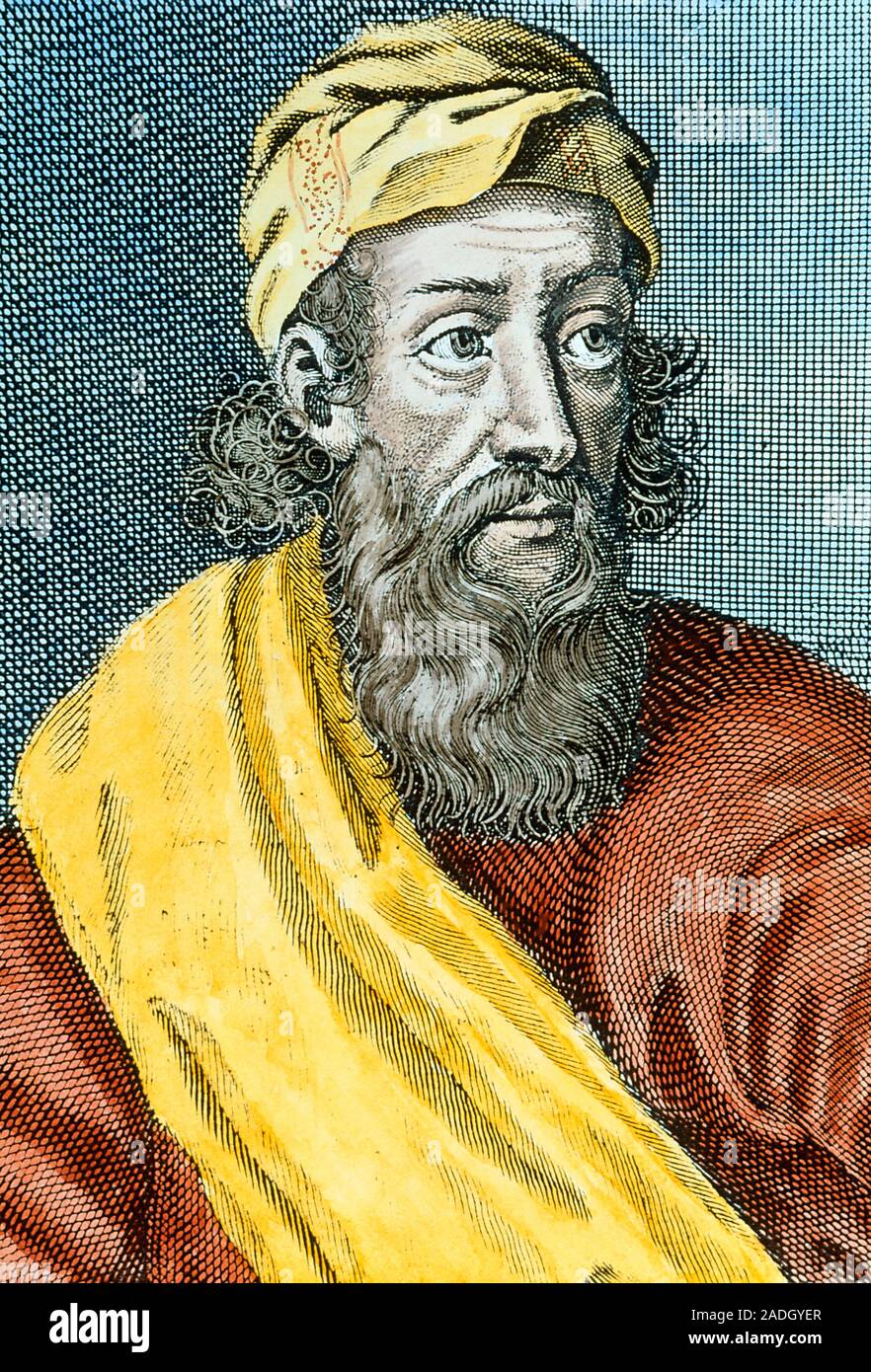 Pythagoras. Coloured engraving of the ancient Greek philosopher ...