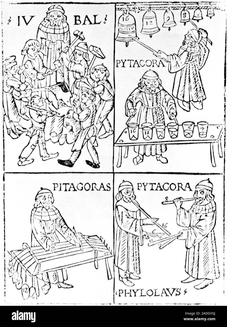 Pythagoras and music. Fifteenth century woodcut of the Greek ...