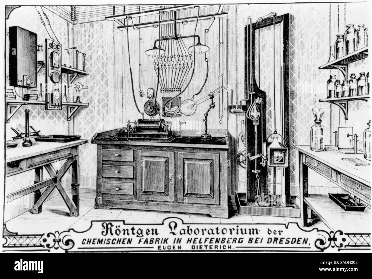 Roentgen's laboratory. Late 19th century engraving by Eugen Dieterich ...