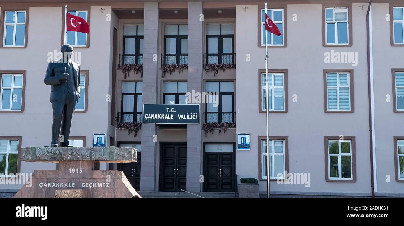Governorship building of Canakkale city in Turkey. Statue of Ataturk ...