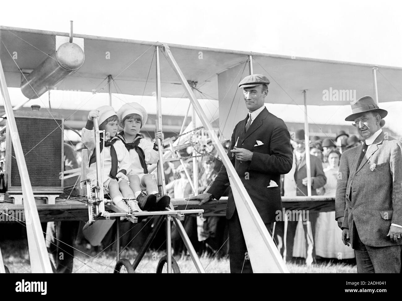 Calbraith Perry Rodgers (1879-1912), US aviator, standing next to twin ...