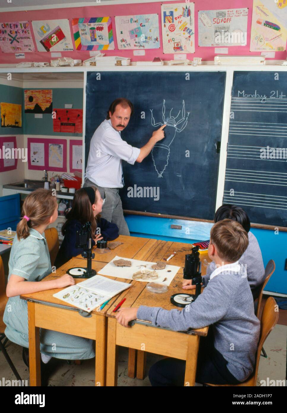 Primary school science. A teacher with a group of 10-year old children ...