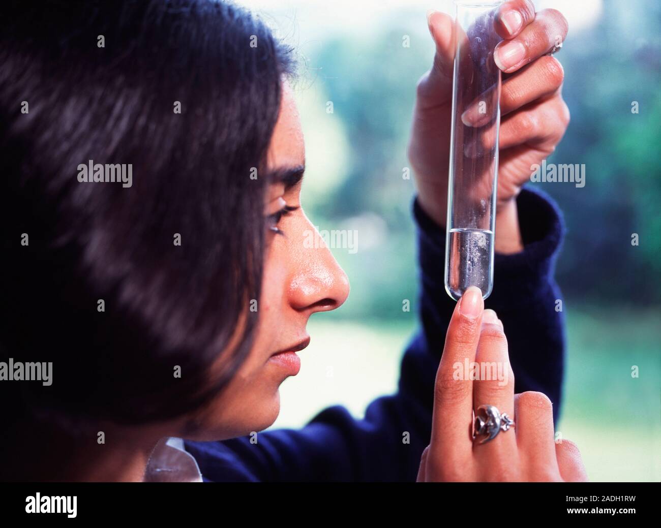 Chemistry experiment. Student performing a silver mirror test in a test ...