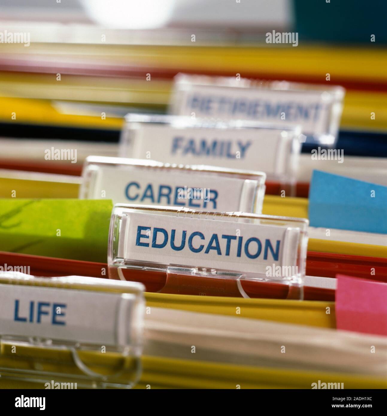Education plans. Conceptual image of labels in a filing cabinet ...