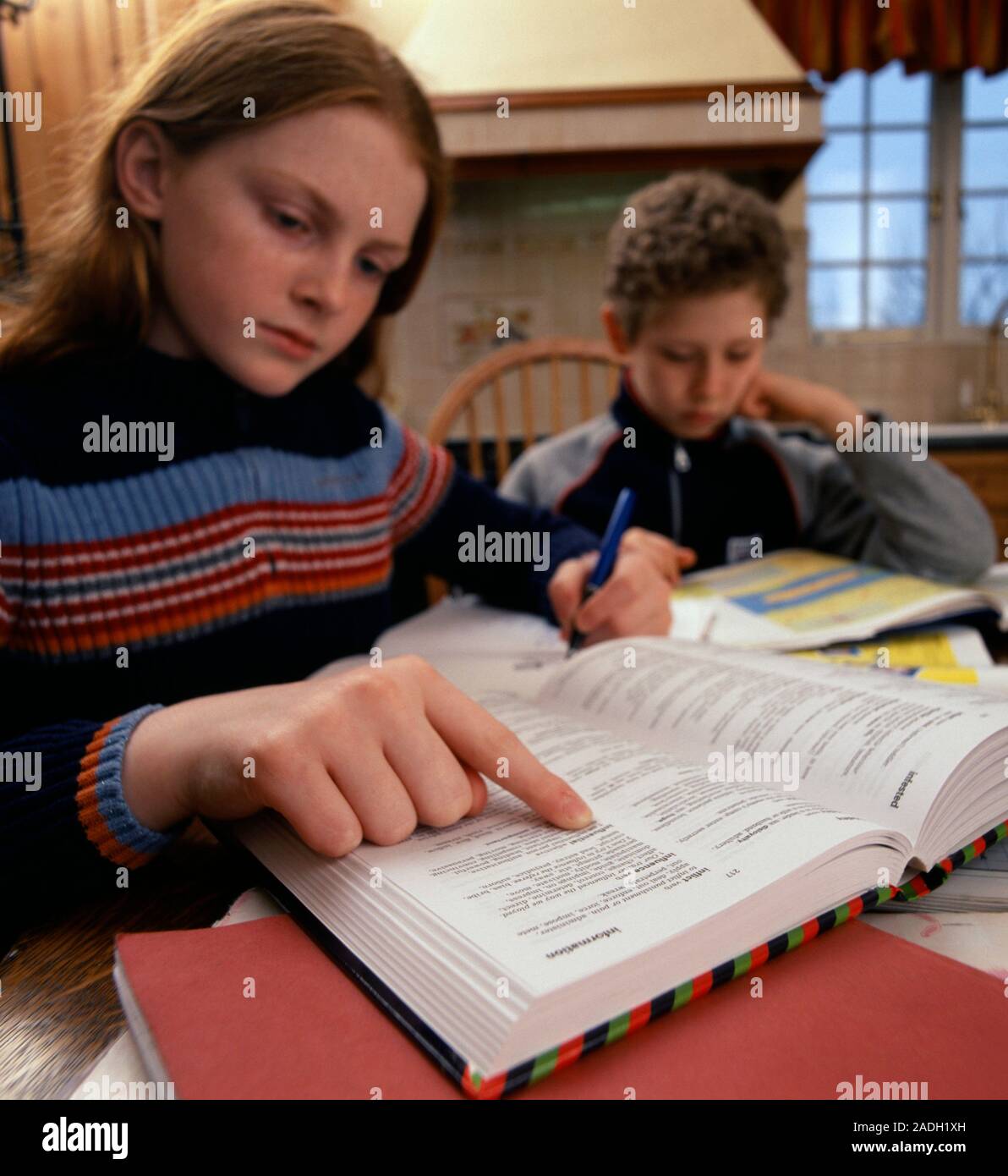 Homework. Children doing homework for school lessons. The girl is ...