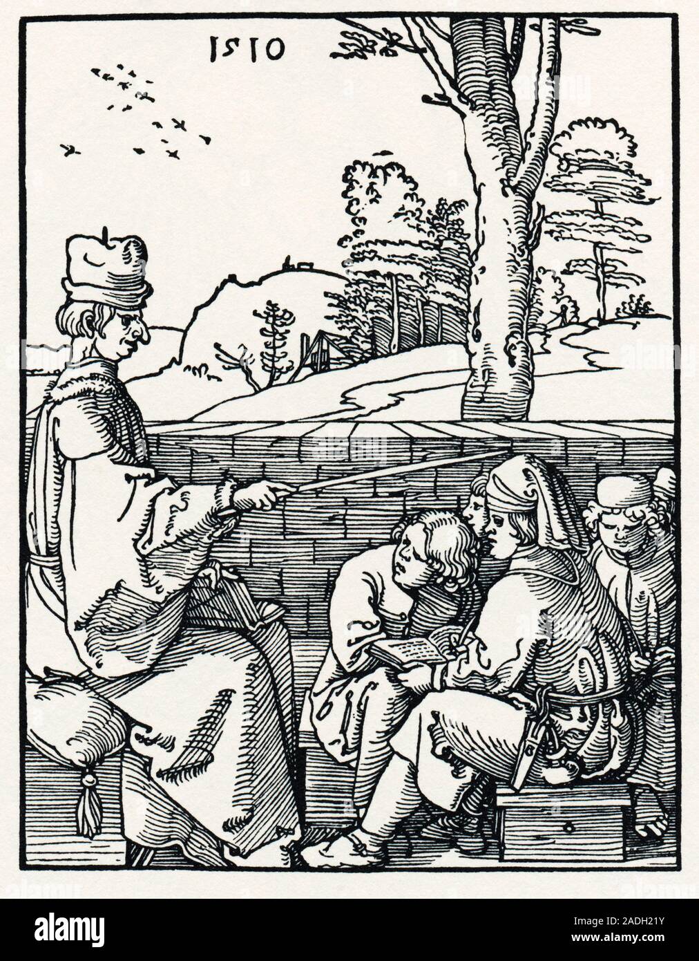 The Schoolmaster. 16th-century school lesson shown in a woodcut by the ...