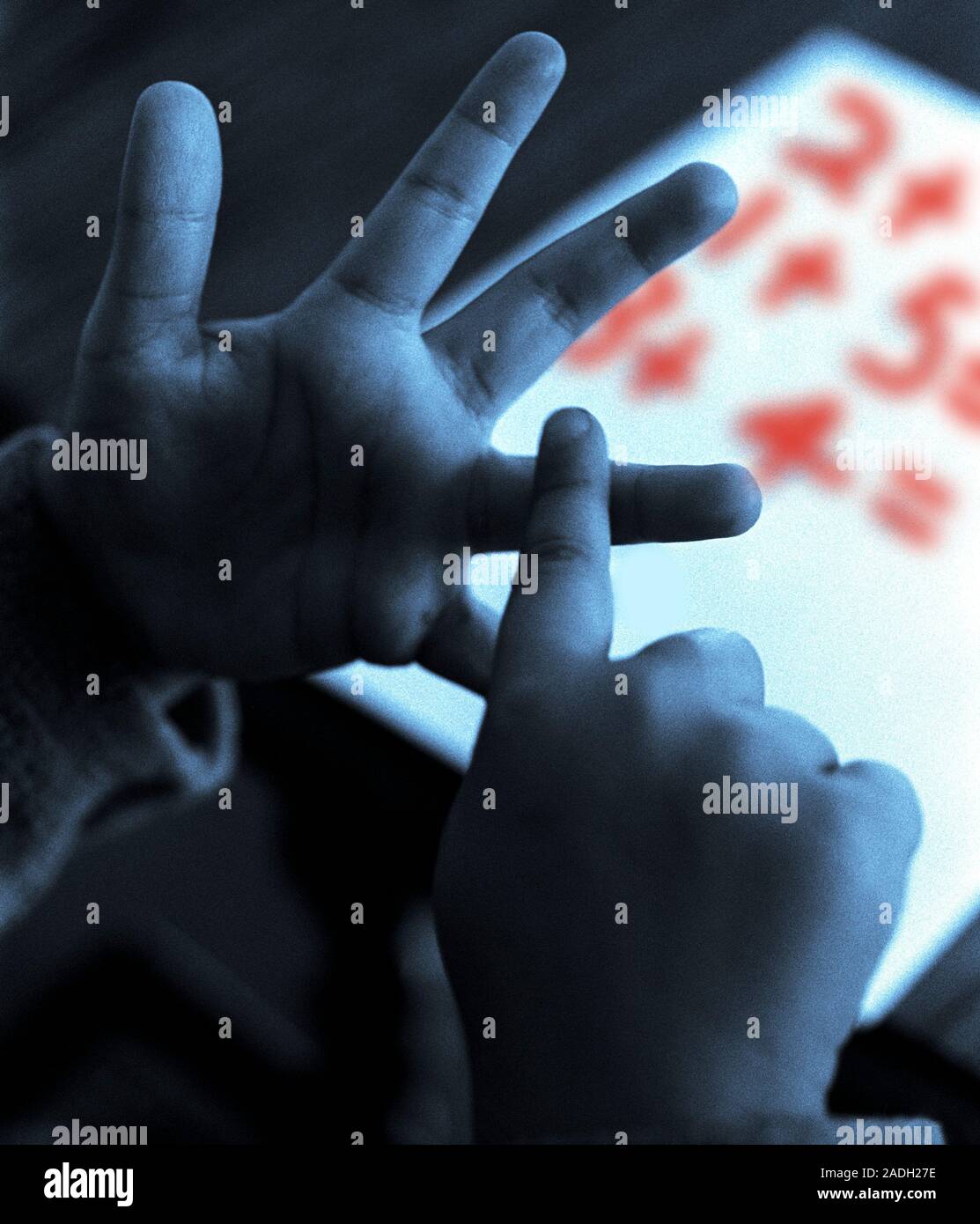 Child counting. Young child using its fingers to count. Addition sums ...