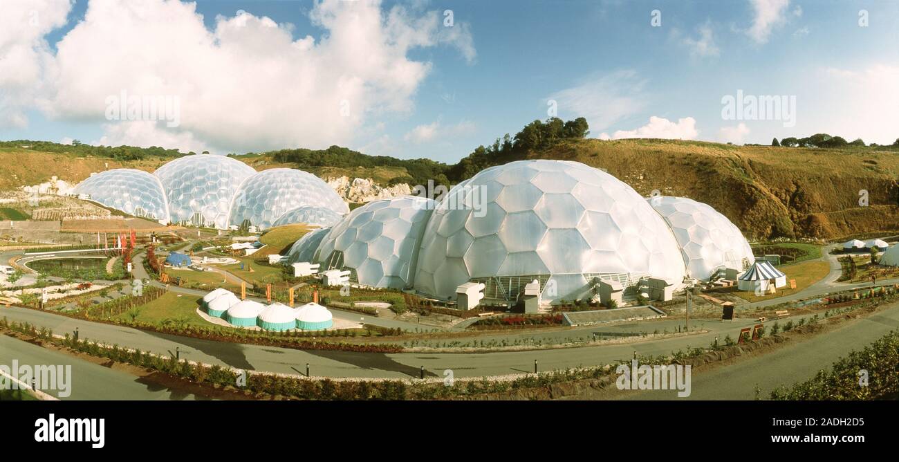 Eden Project. Panoramic view of the biomes (domes) dominating the site ...