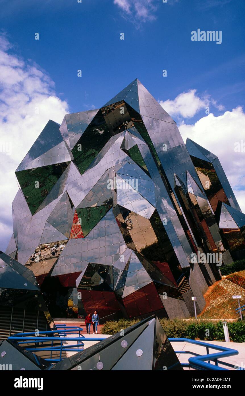 The reflective glass structure of one of the buildings at Futuroscope ...