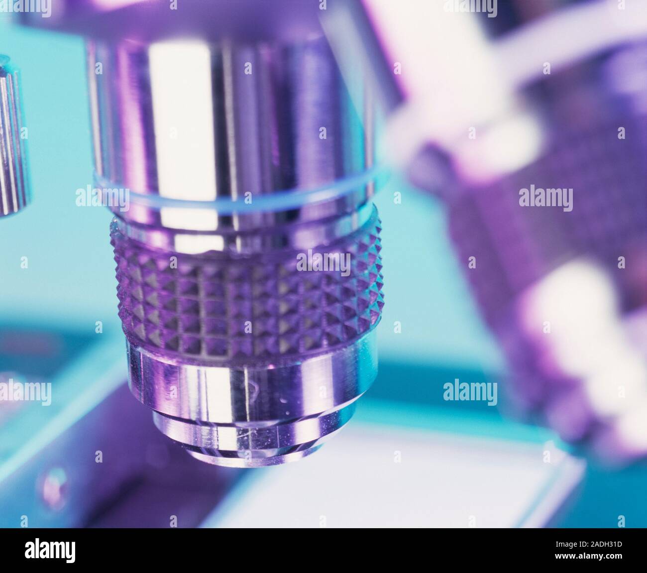 Microscope lenses. Close-up of the objective lenses mounted on the ...