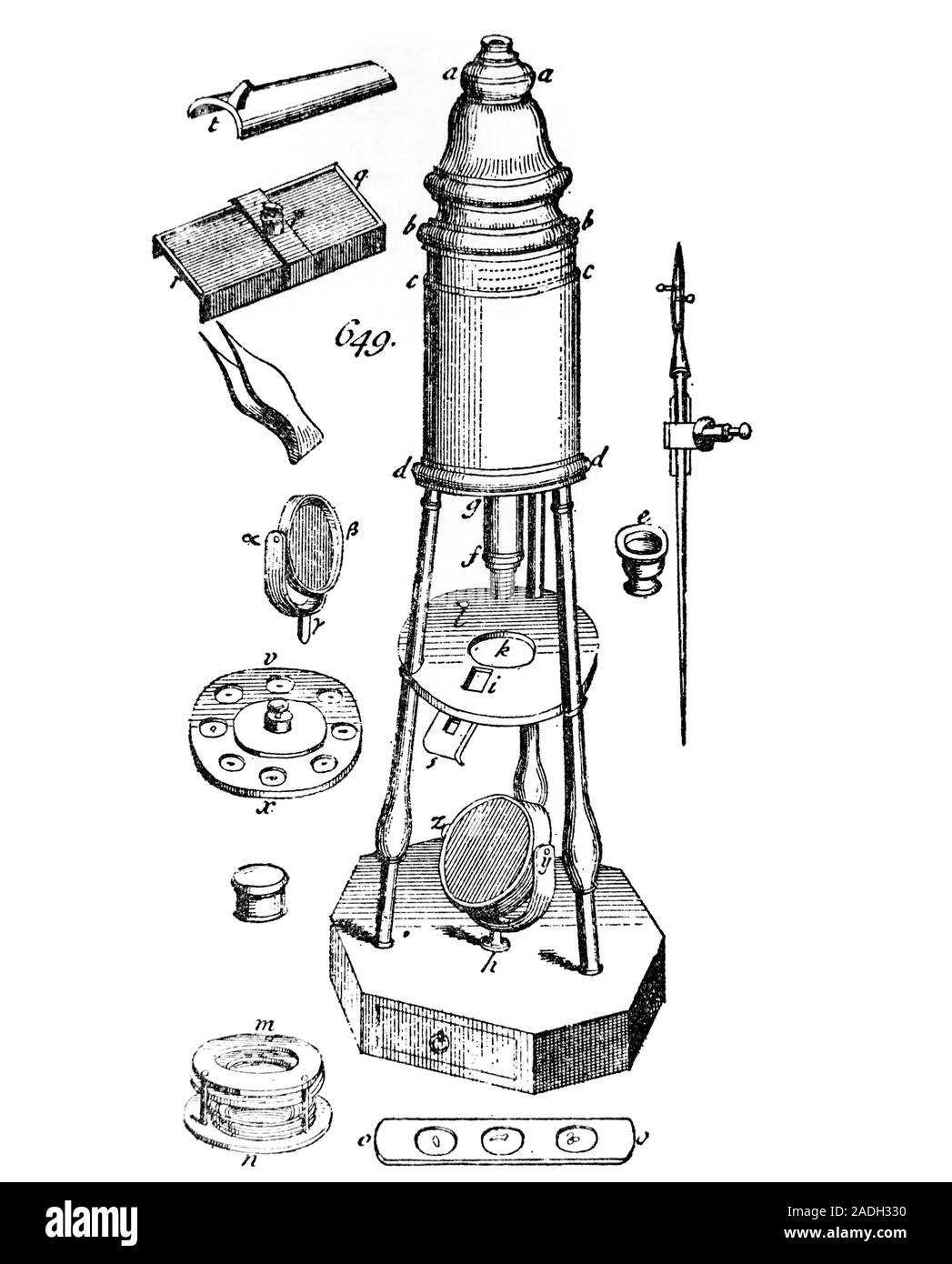 Engraving of a Culpeper-style microscope (1730) modified by Edward ...