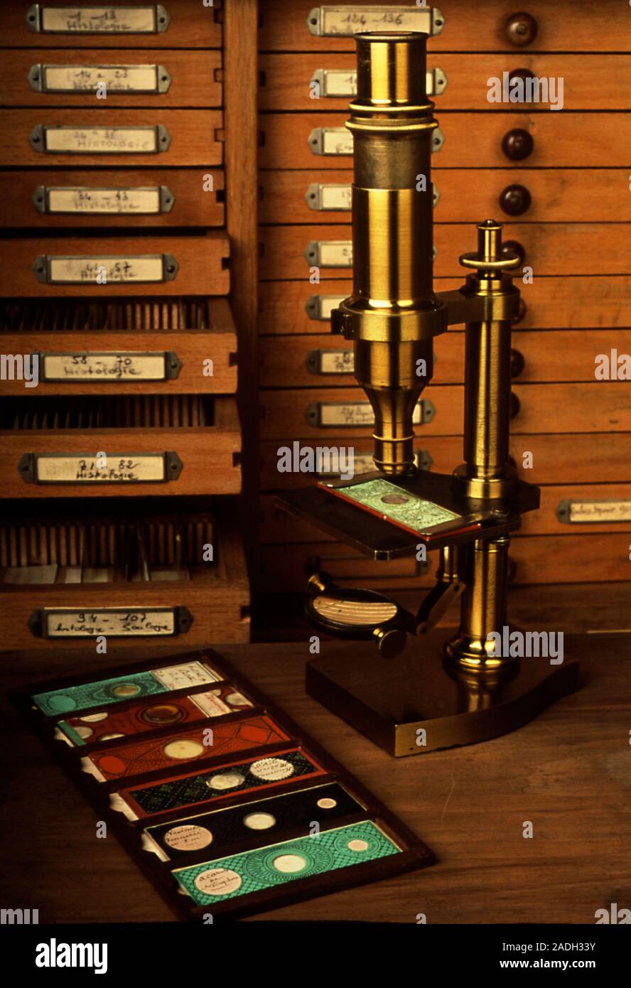 Historical microscope and slides. Historical slide set and optical ...