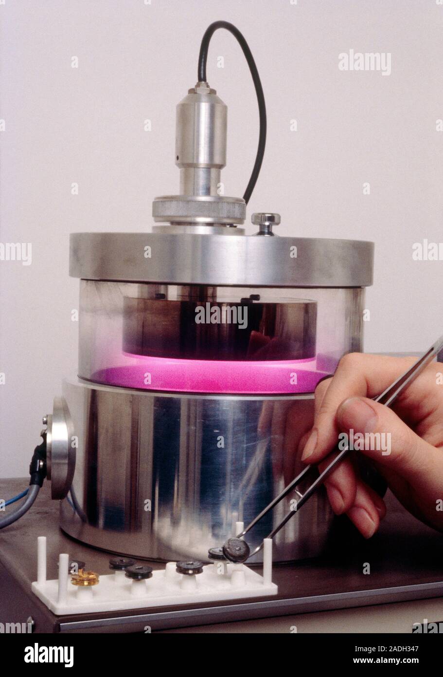 Gold coating of a specimen in preparation for its viewing in the ...