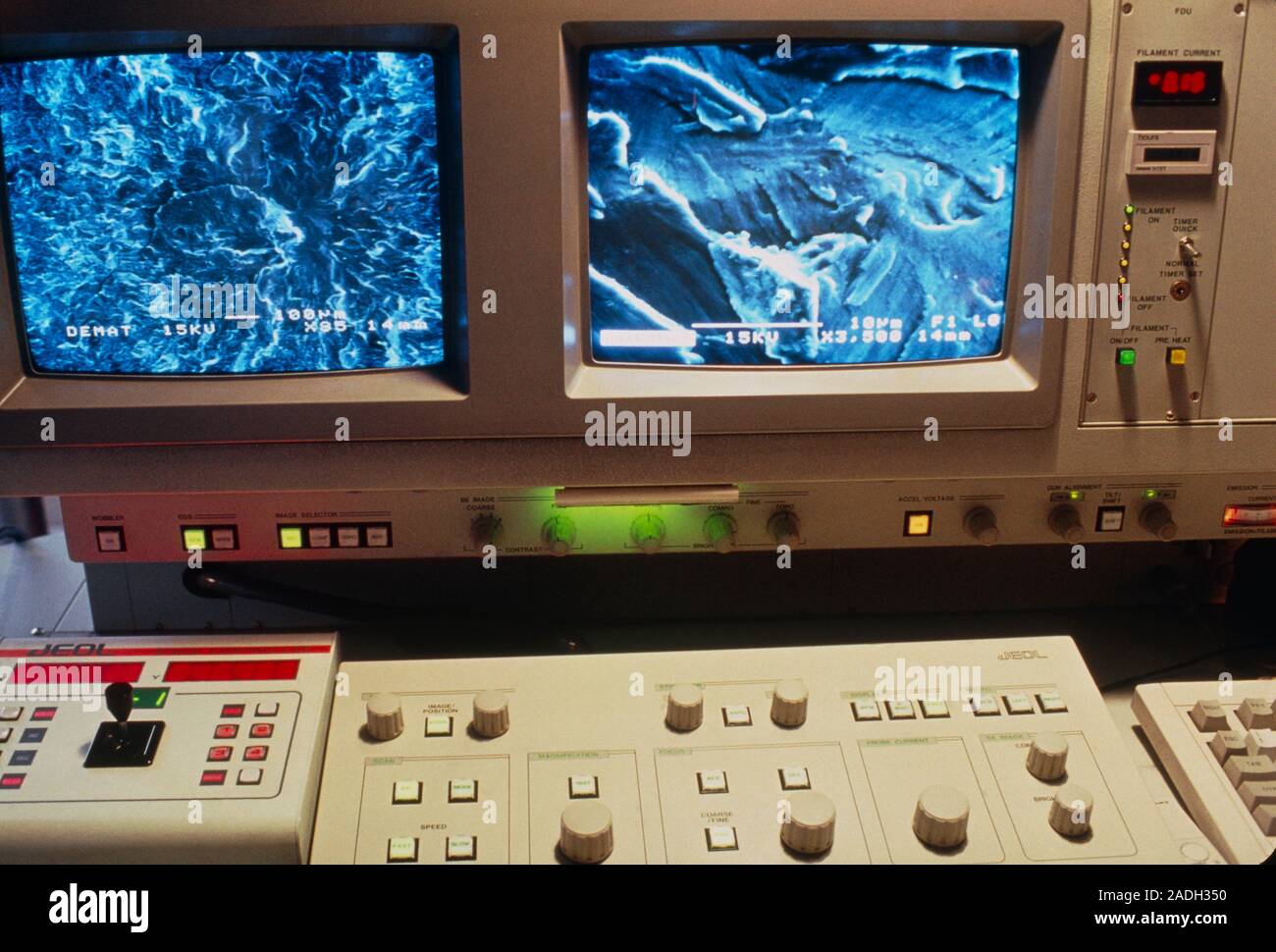 Scanning electron microscope (SEM) in metallurgy. View of SEM monitor ...