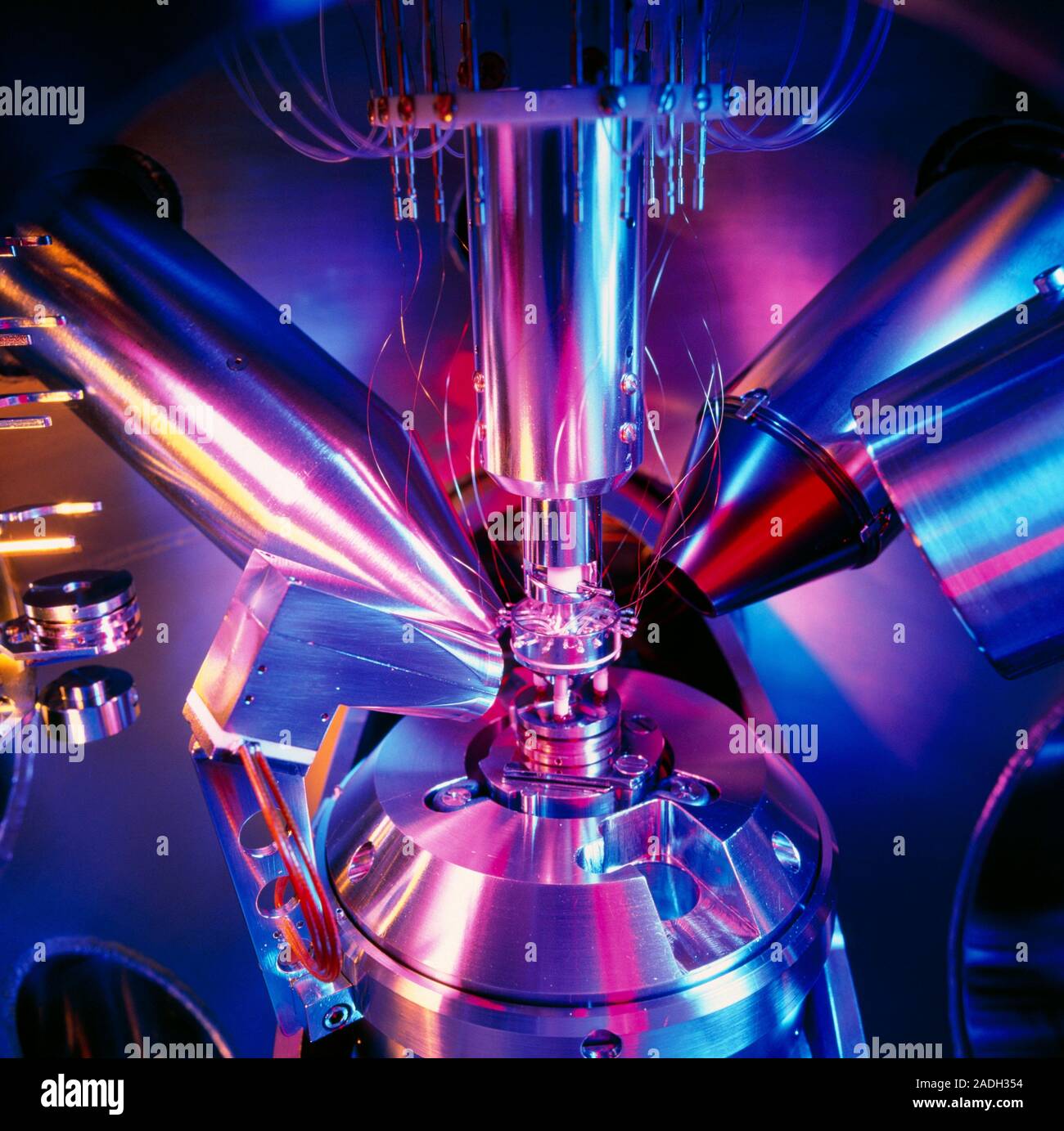 Scanning electron microscope. Sample stage (centre) of a combined ...