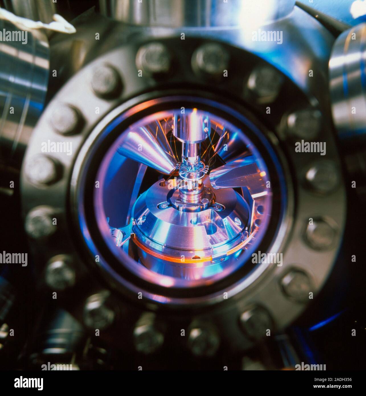 Scanning electron microscope. Sample stage (centre) of a combined ...