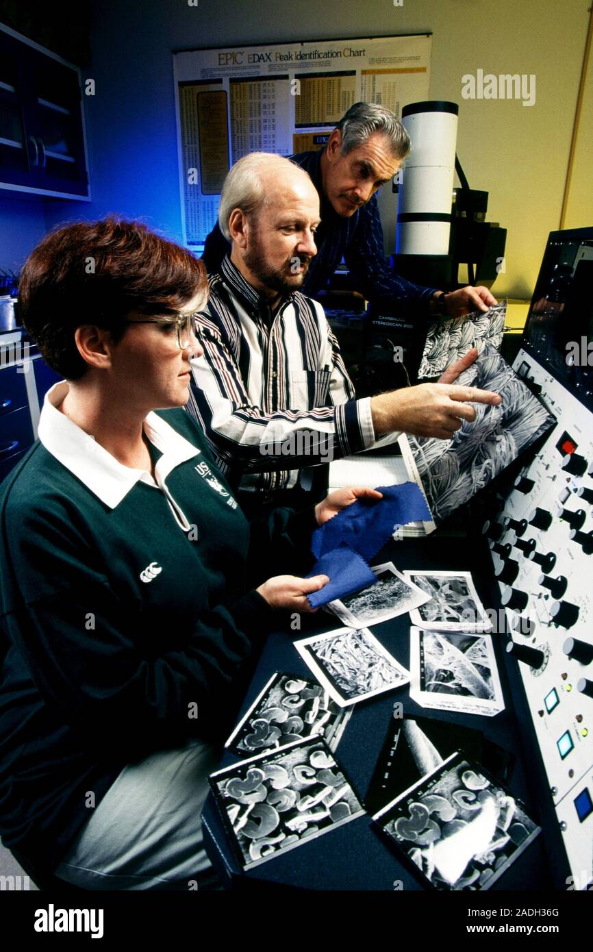 Materials research. Materials engineers studying scanning electron ...