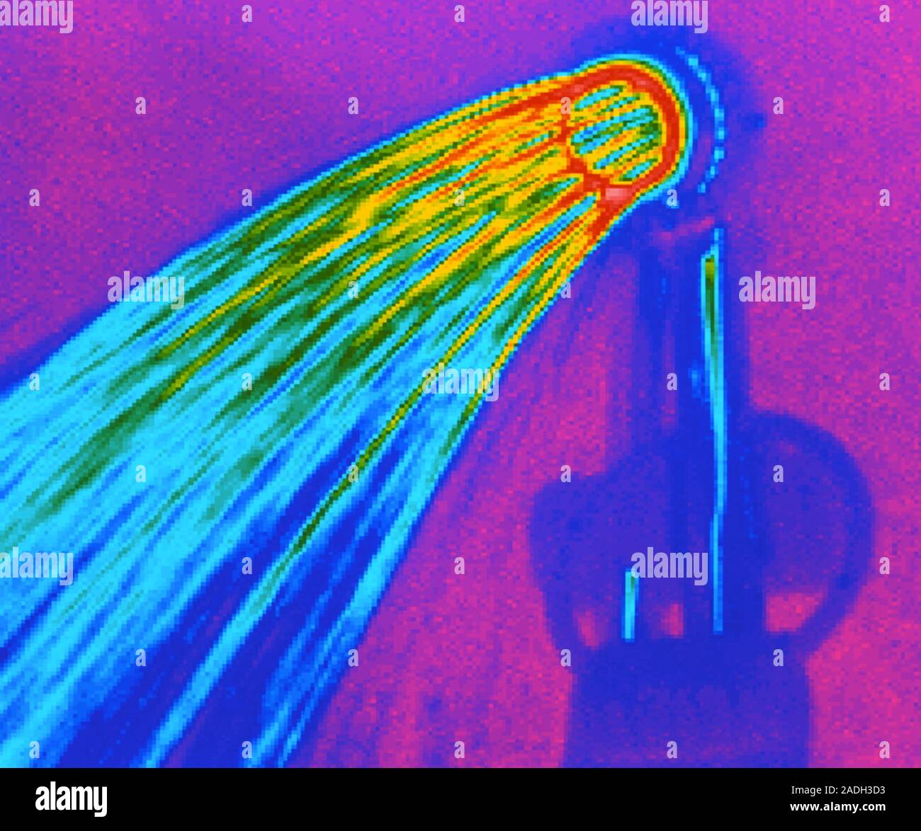 Shower head. Thermogram of water pouring from a shower head.. The ...