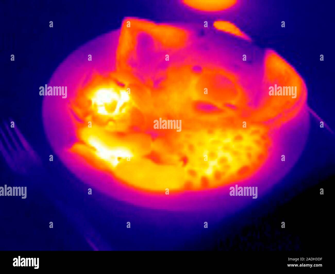 Cooked breakfast. Thermogram of cooked breakfast food on a plate. The ...