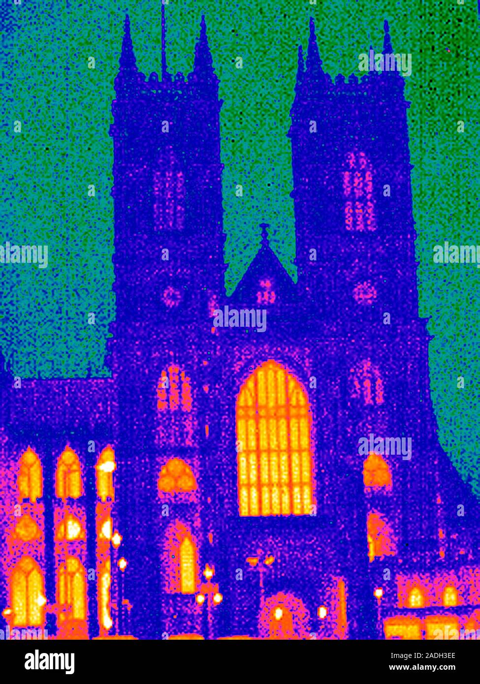 Westminster Abbey, London, UK, thermogram. The colours show variations ...