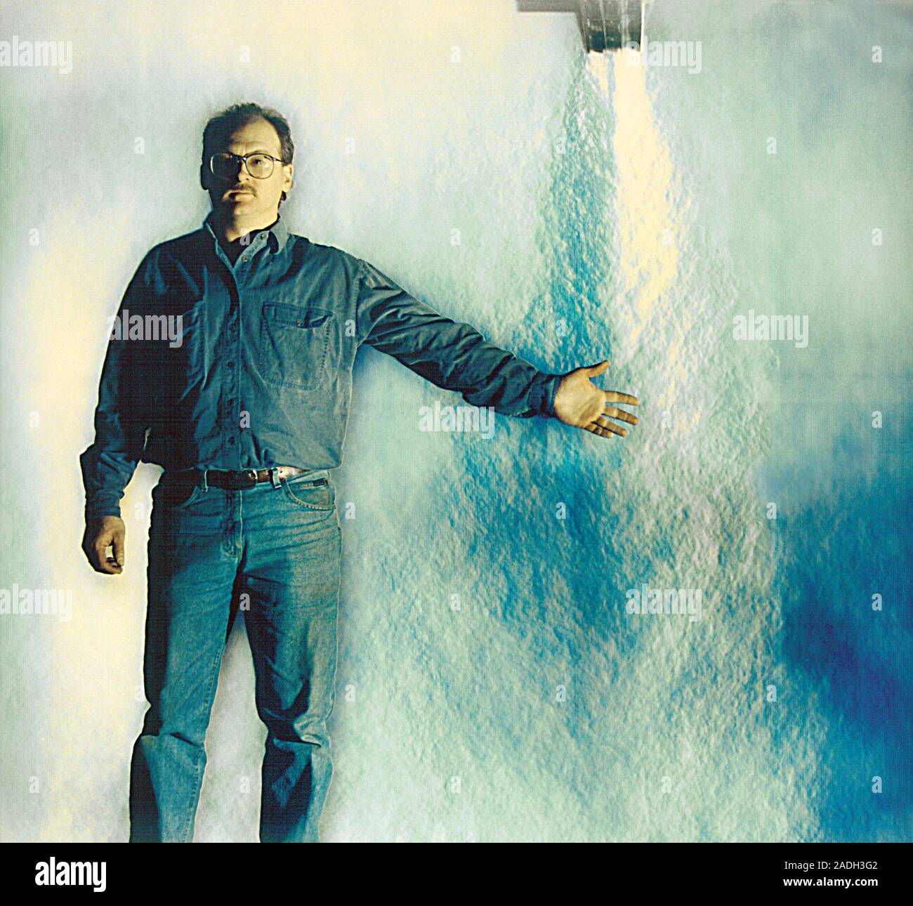 Air flow, Schlieren image. Researcher holding his hand in a ventilation ...