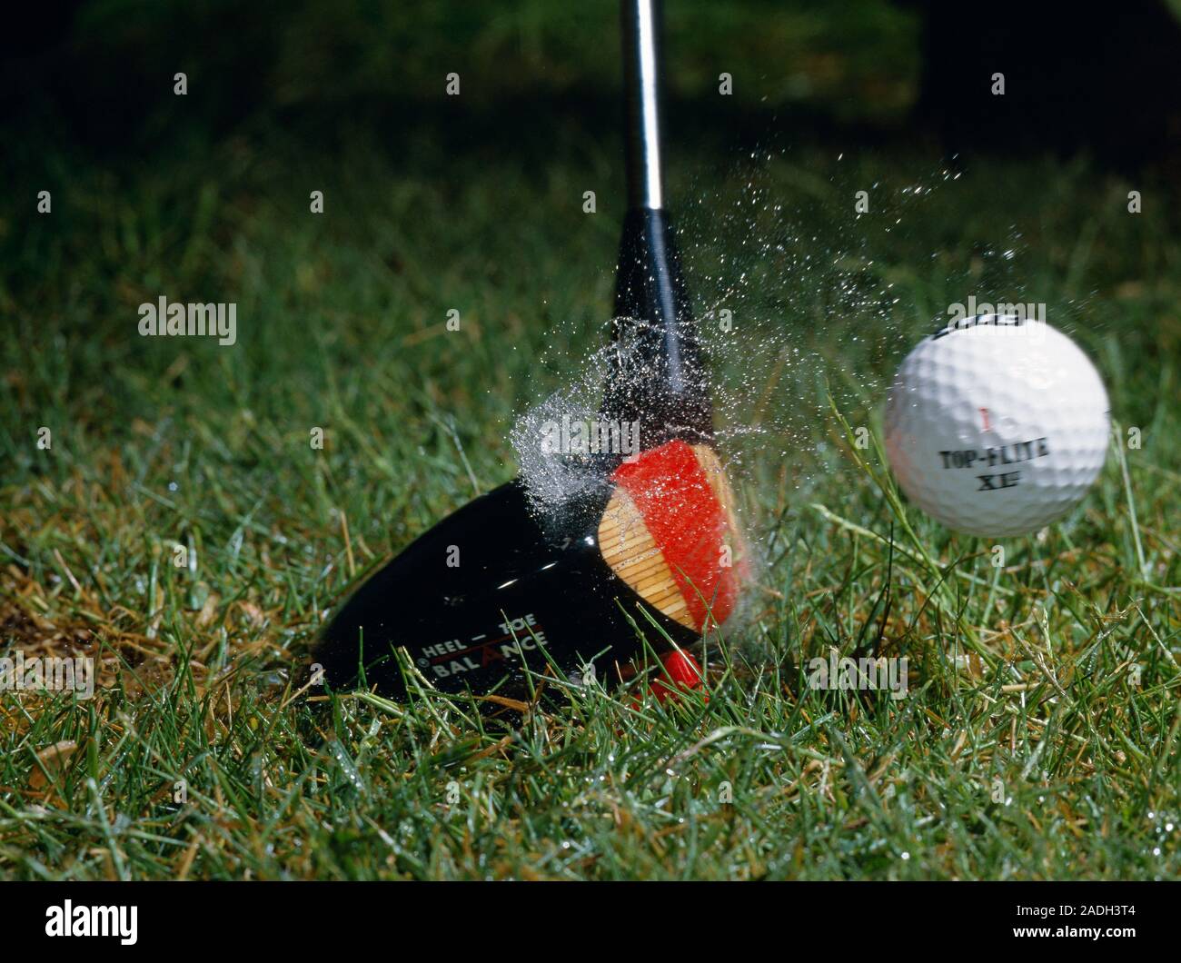 High speed photograph of a golf ball strike showing the ball ...