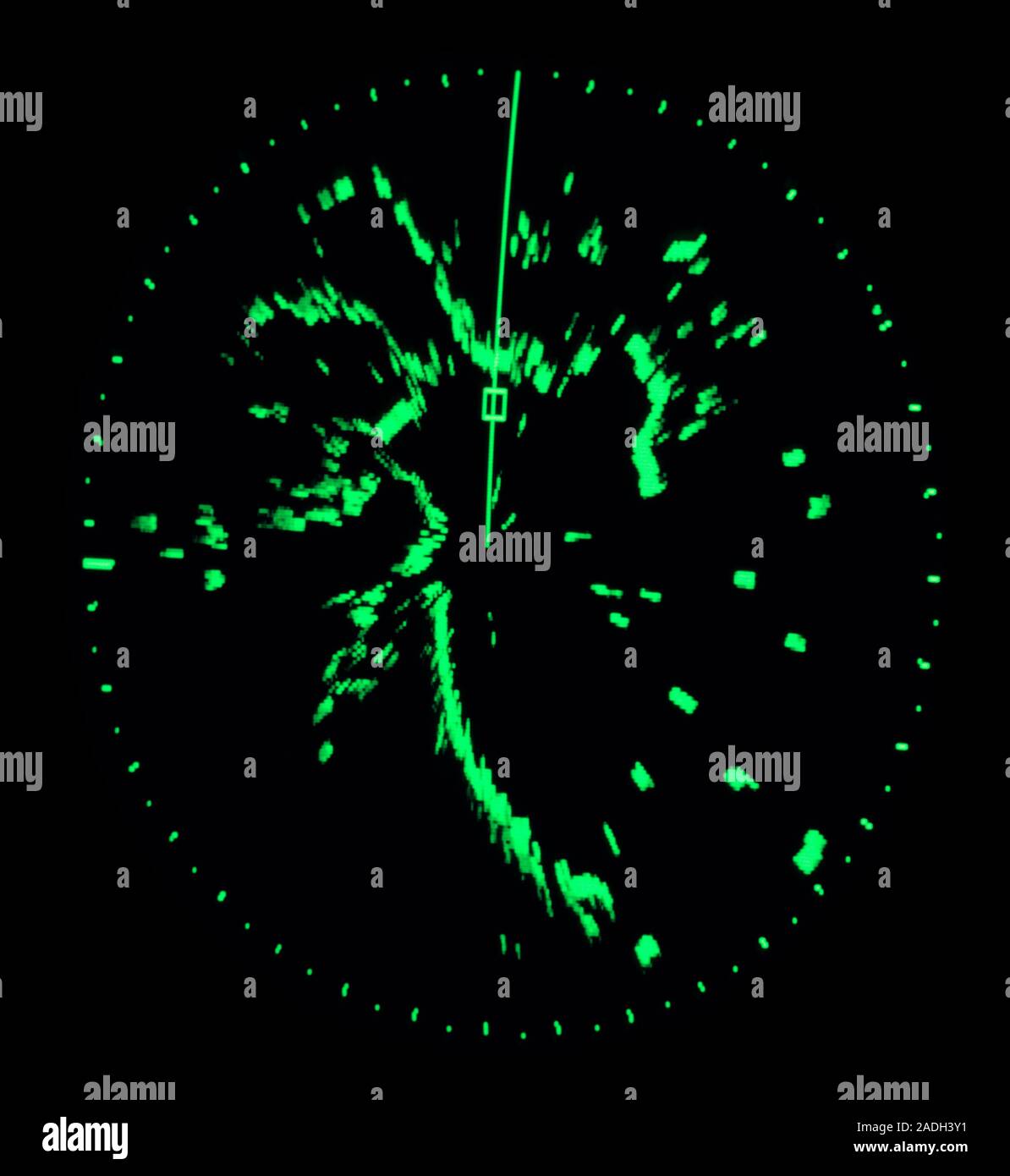 Radar screen display from a boat. Radar uses radio waves to determine ...