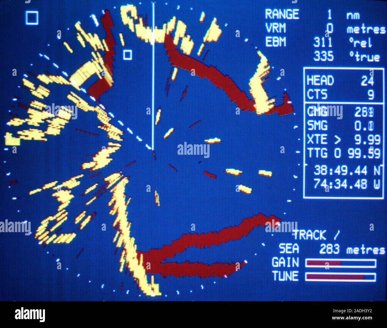 Radar screen display from a boat. Radar uses radio waves to determine ...