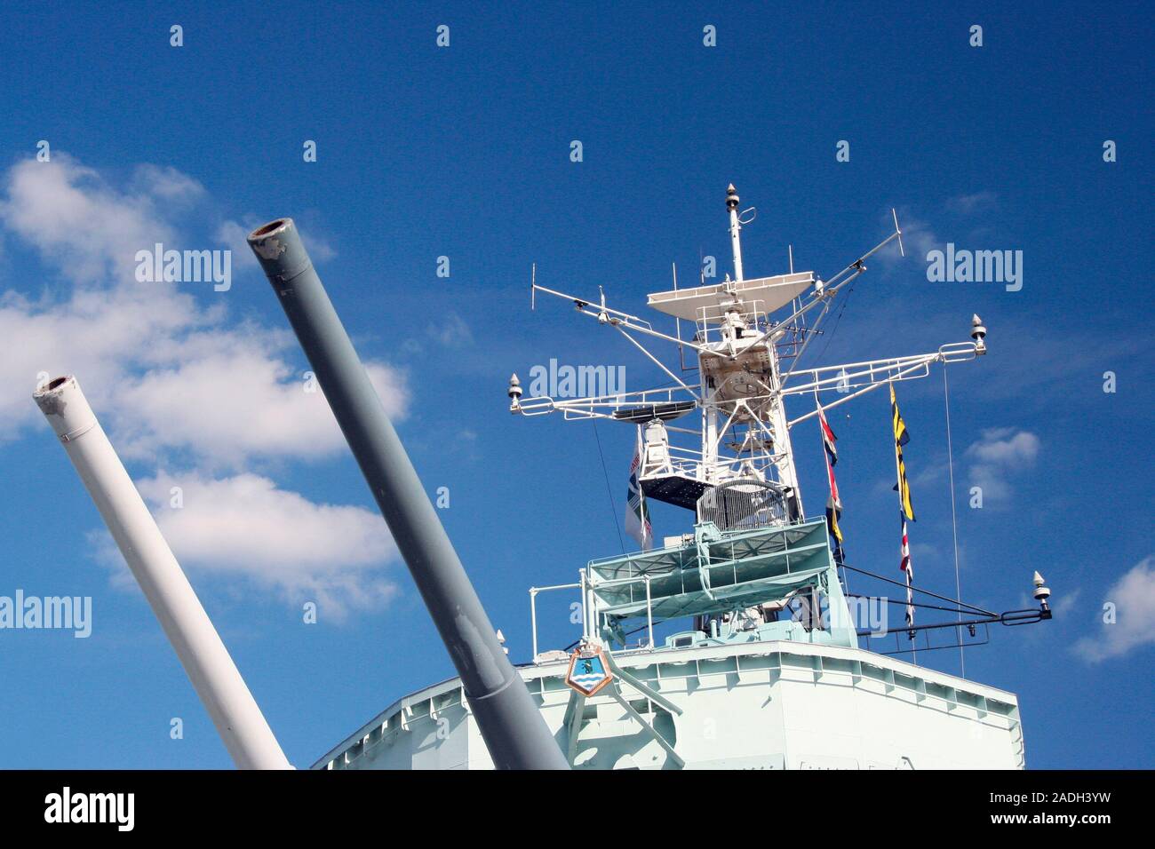 Ship radar mast on board HMS Belfast. The mast carries radio and radar ...