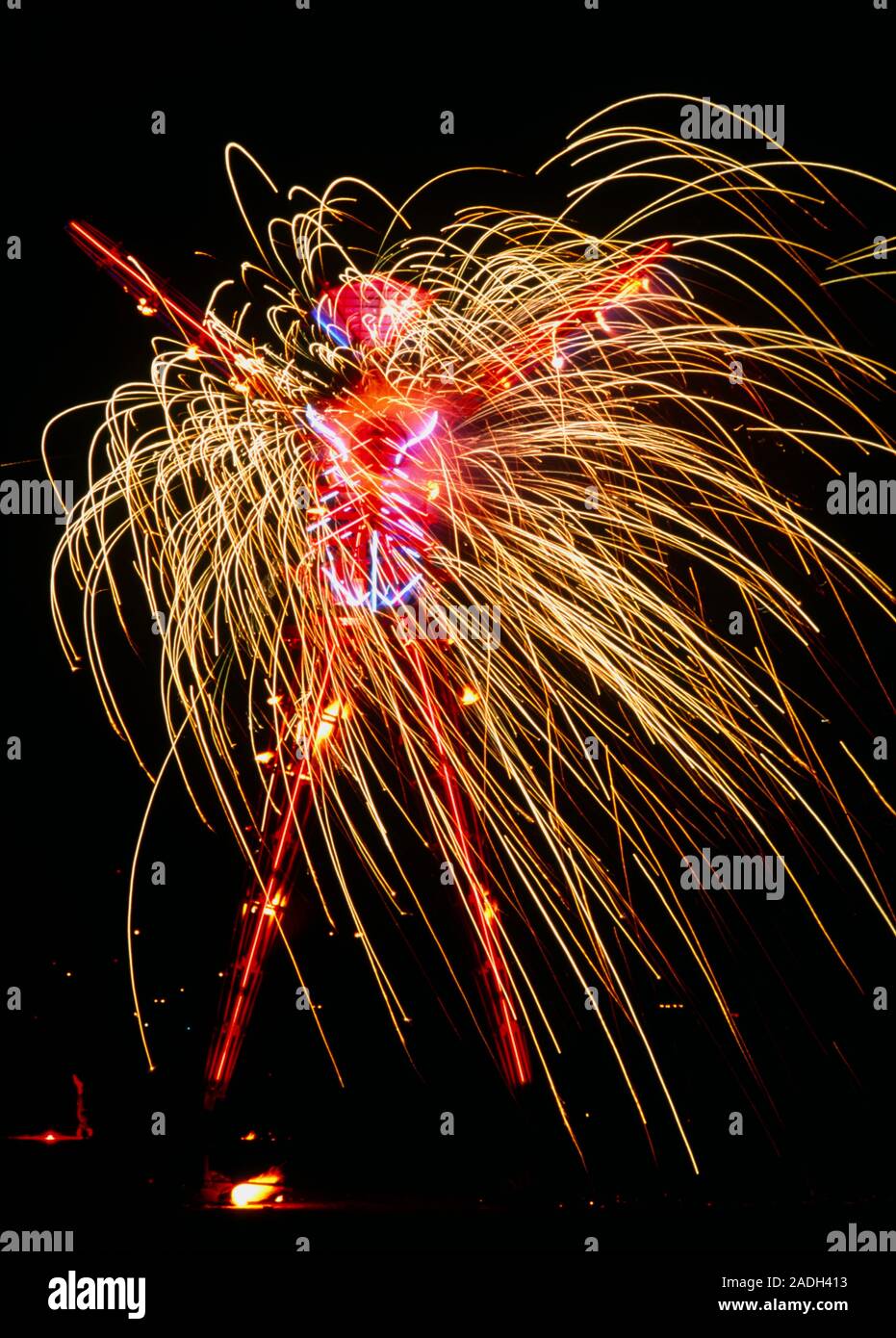 Pyrotechnic display. Display of a huge human figure made of neon lights ...