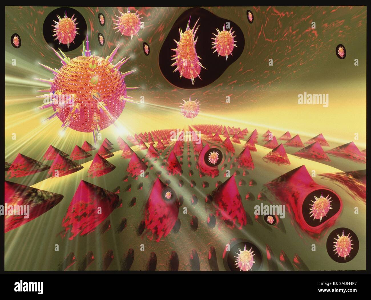 Viral attack. Three-dimensional computer graphic representation of ...