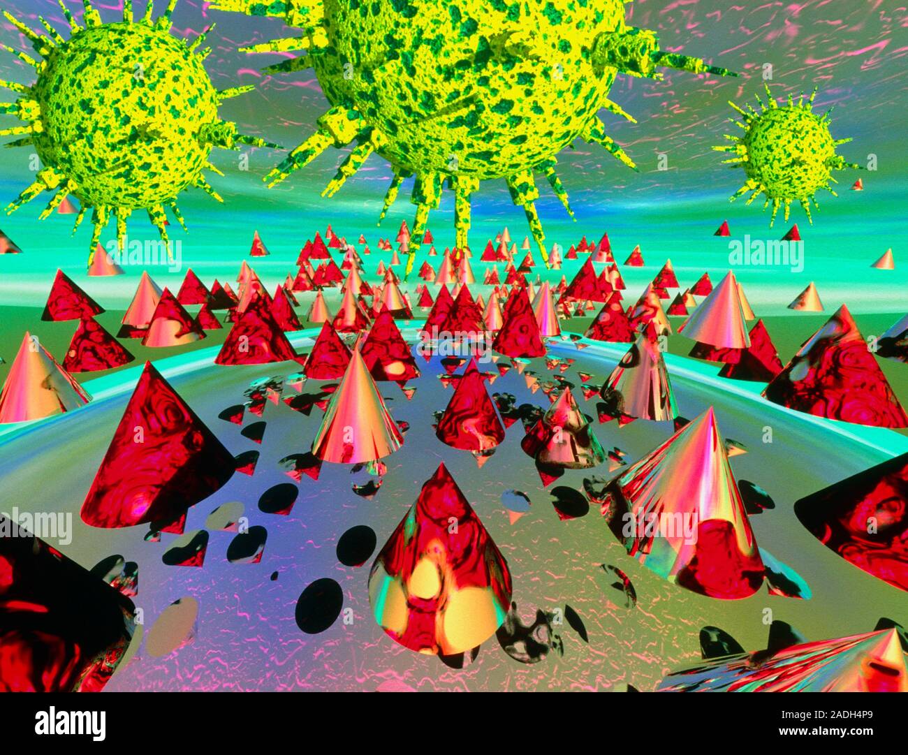 Viral attack. Three-dimensional computer graphic representation of ...