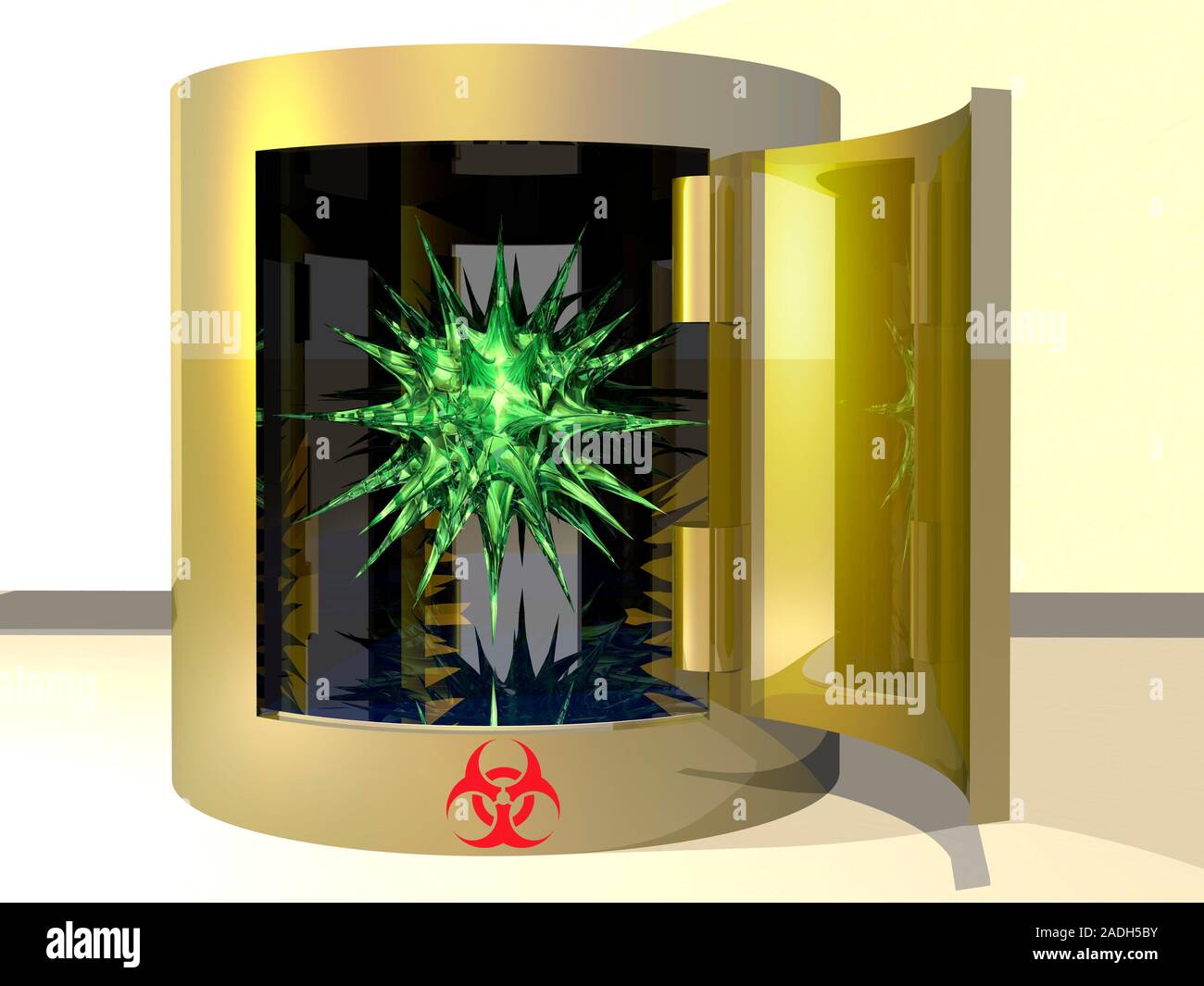 Biohazard virus. Computer artwork showing a virus (green) in a safe ...