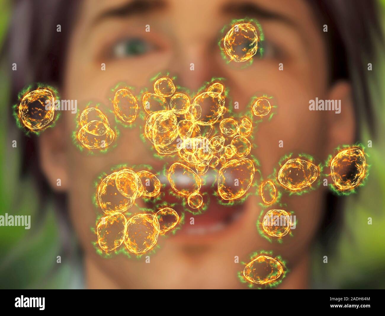 Bird flu infecting a human, conceptual computer artwork. The virus ...