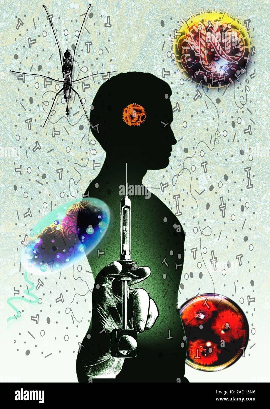 Human diseases. Artwork of a male silhouetted figure and a hypodermic ...
