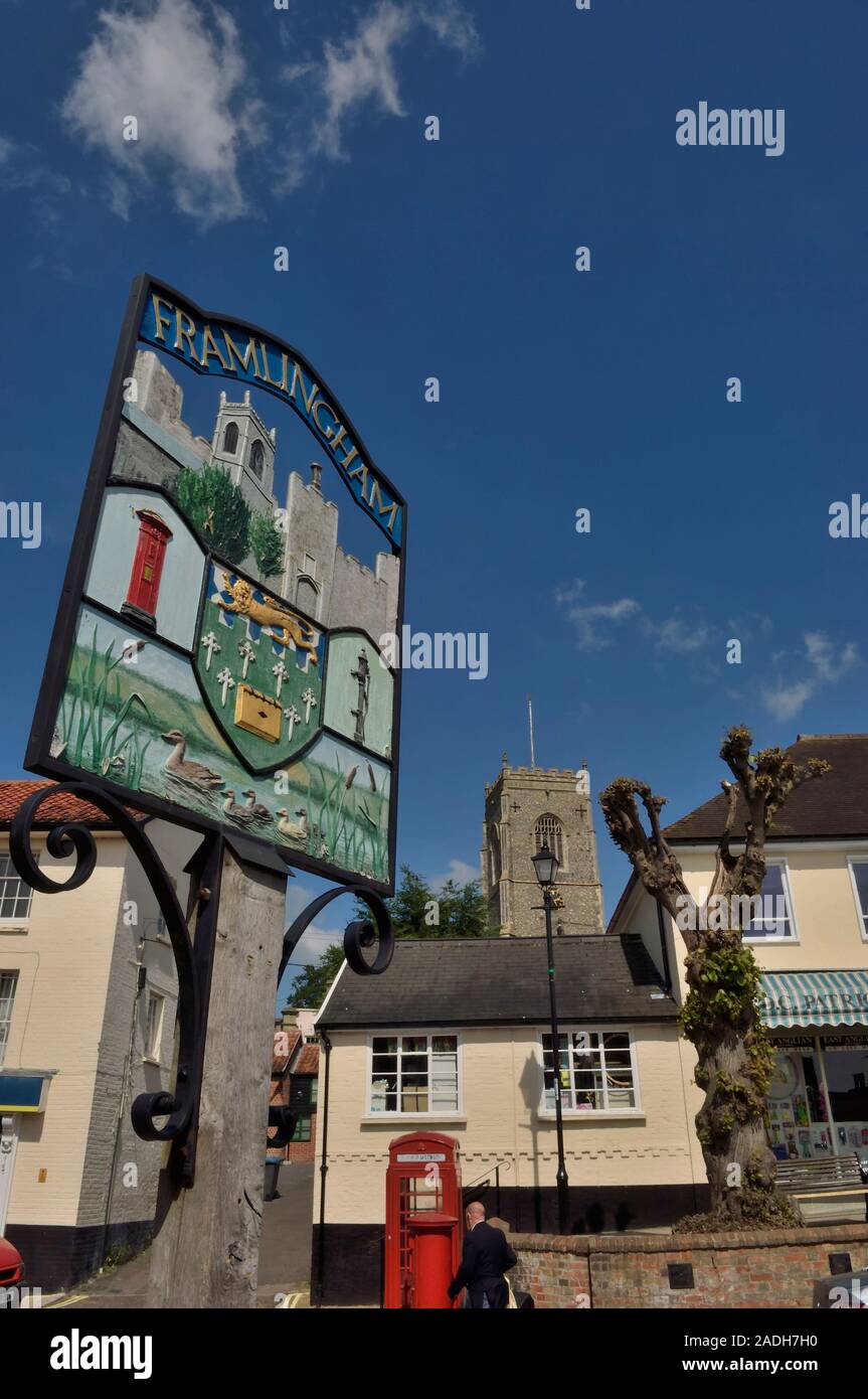 Decorative town sign of Framlingham, Suffolk, East Anglia Stock Photo ...