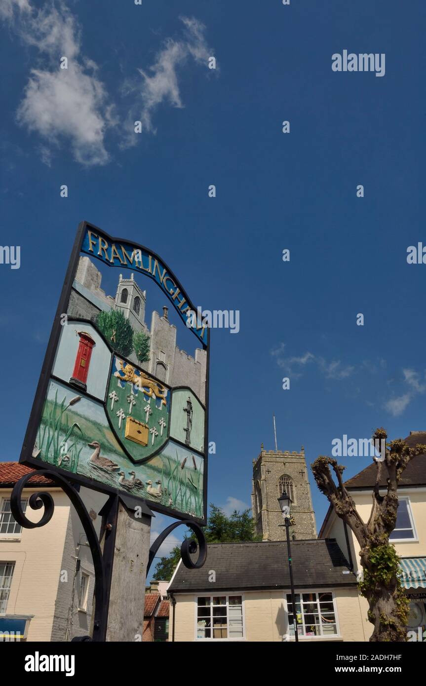Decorative town sign of Framlingham, Suffolk, East Anglia Stock Photo ...