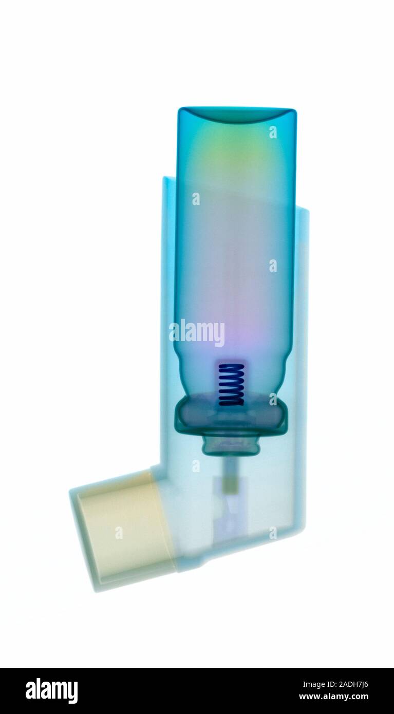 Asthma inhaler, coloured X-ray. The mouth-piece is at lower left and ...