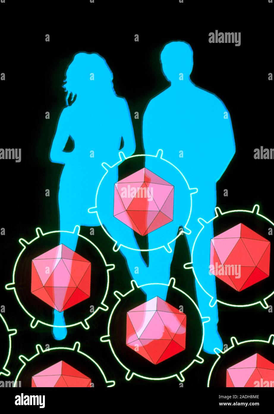 AIDS. Artwork of the outlines of a man and a woman and AIDS viruses ...