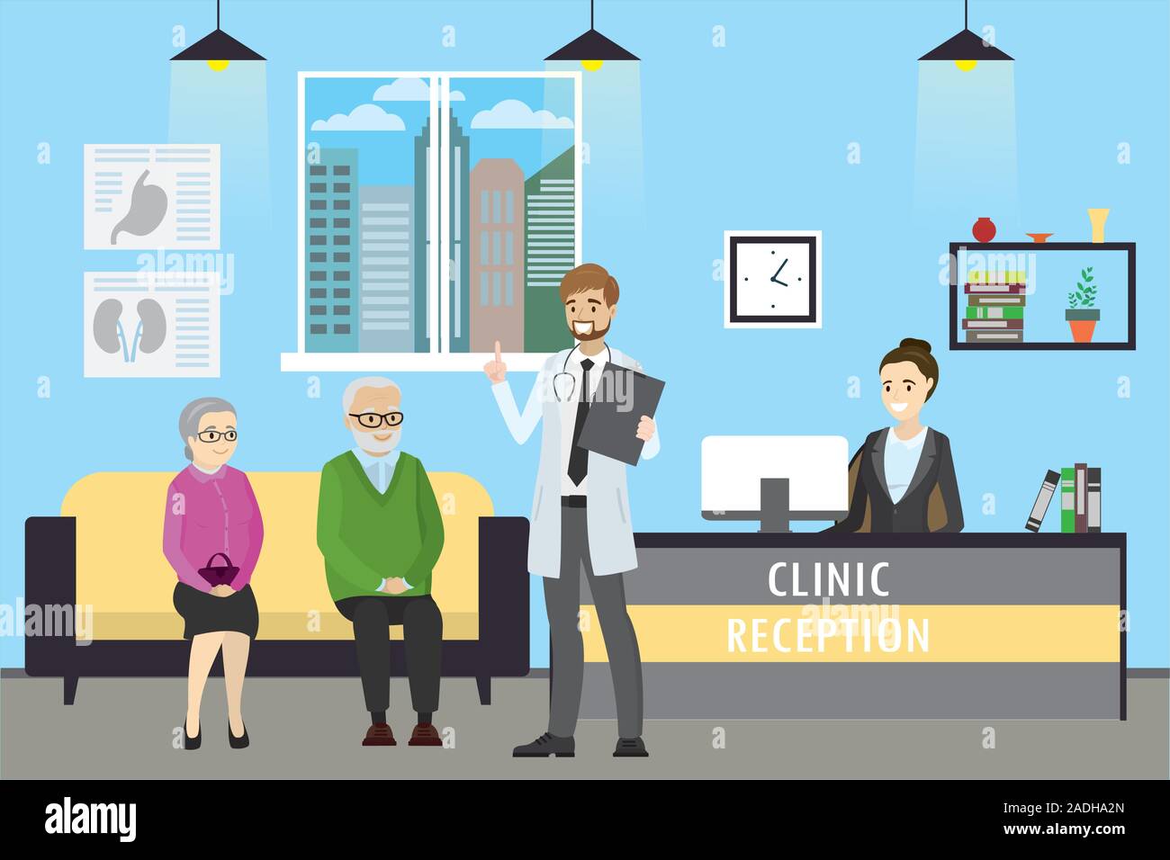 Clinic reception, doctor and old caucasian patients,african american receptionist , cartoon ...