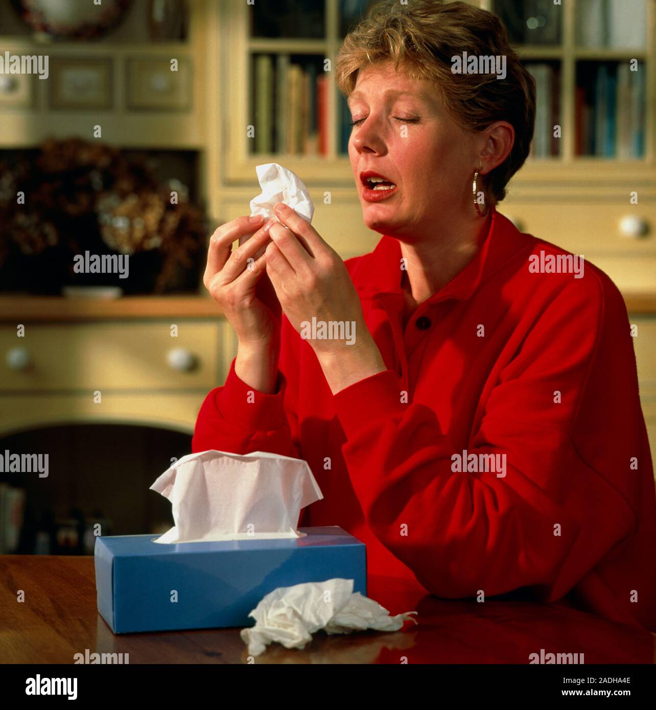 Sneezing. Woman sneezes into a tissue while suffering from rhinitis ...